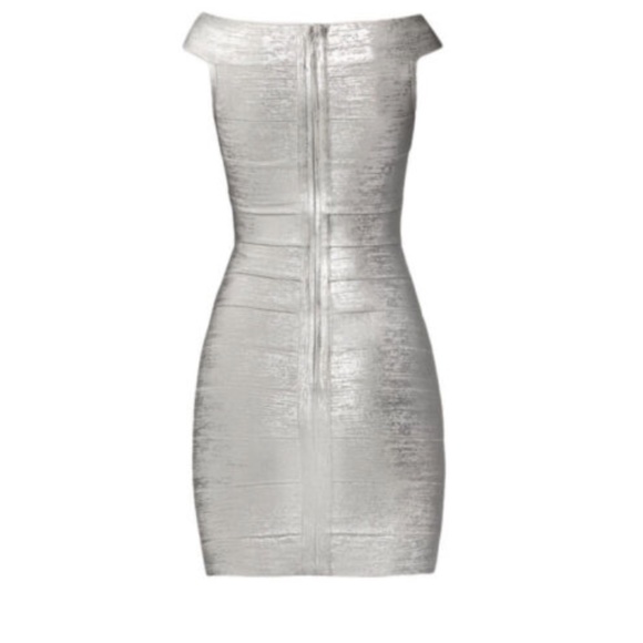 Hervé Leger | Dresses | Herv Leger Silver Foil With Tag Offtheshoulder ...